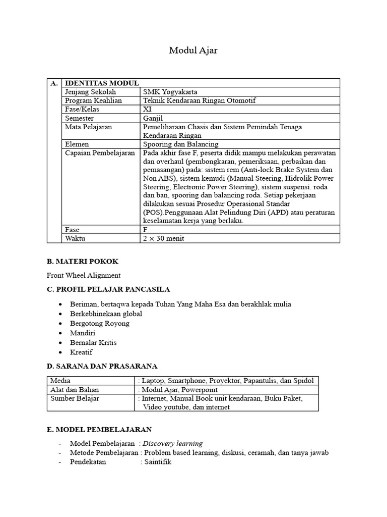 CONTOH - Modul Ajar Front Wheel Alignment - Pembelajaran Mikro | PDF