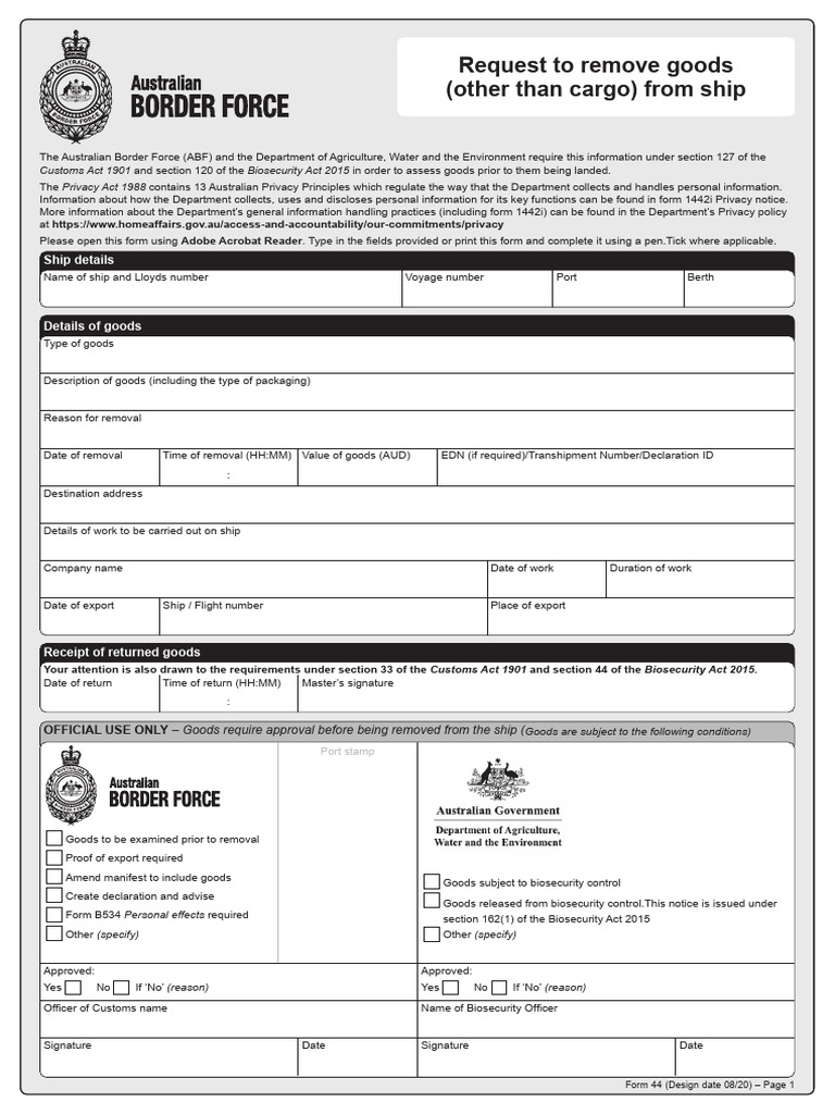 Bunker Samples Form 44 V. 10-20 (Removal of Goods) | PDF | Customs