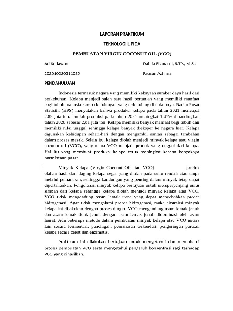 Laporan Praktikum Lipida Bab 4 - Pembuatan Virgin Coconut Oil VCO | PDF
