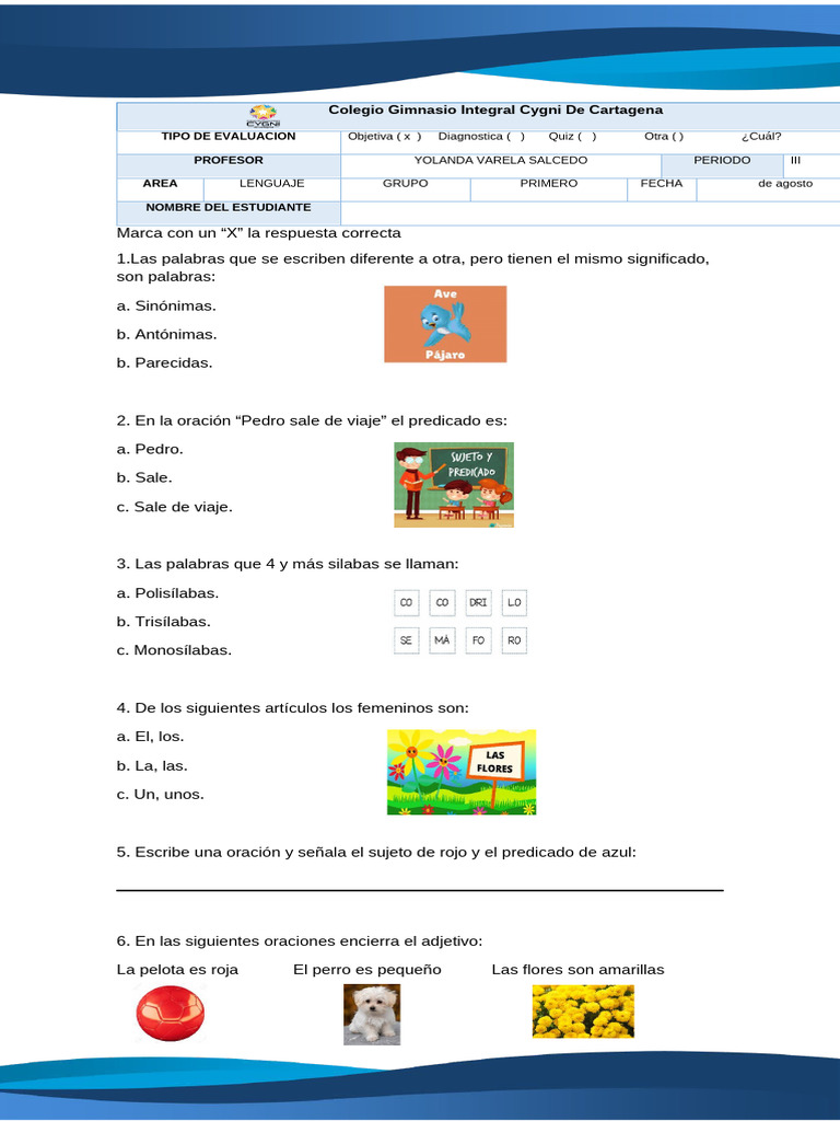 Evaluacion Final Lenguaje, 3P, 1ro. | PDF