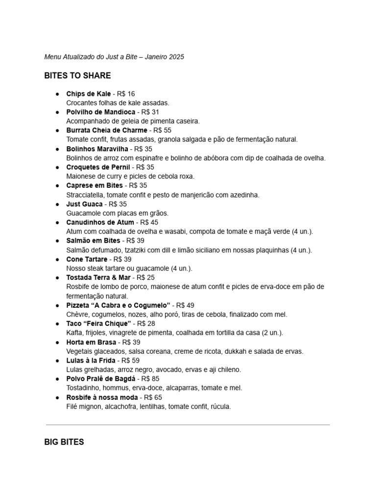 Menu Just a Bite - Janeiro 2025 | PDF | Vinhos | Culinária