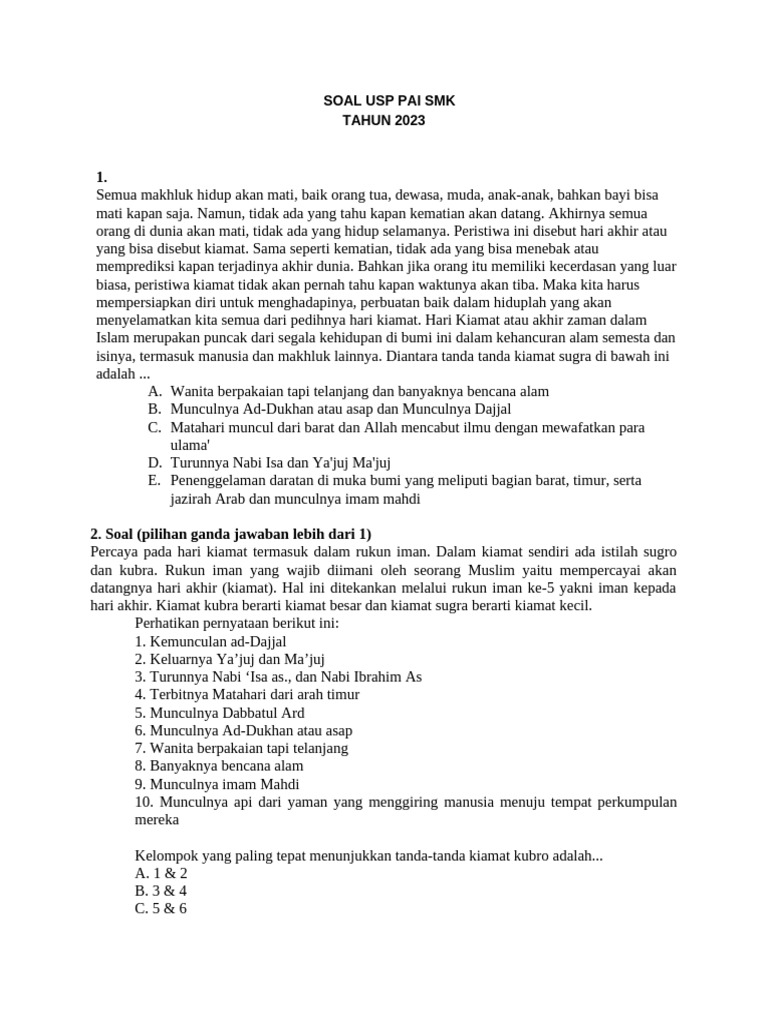Latihan Soal Usp Pai 2023 Editan | PDF