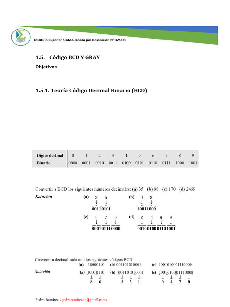 1.5 Codigo BCD y GRAY - SIGMA | PDF | Decimal codificado en binario | Poco