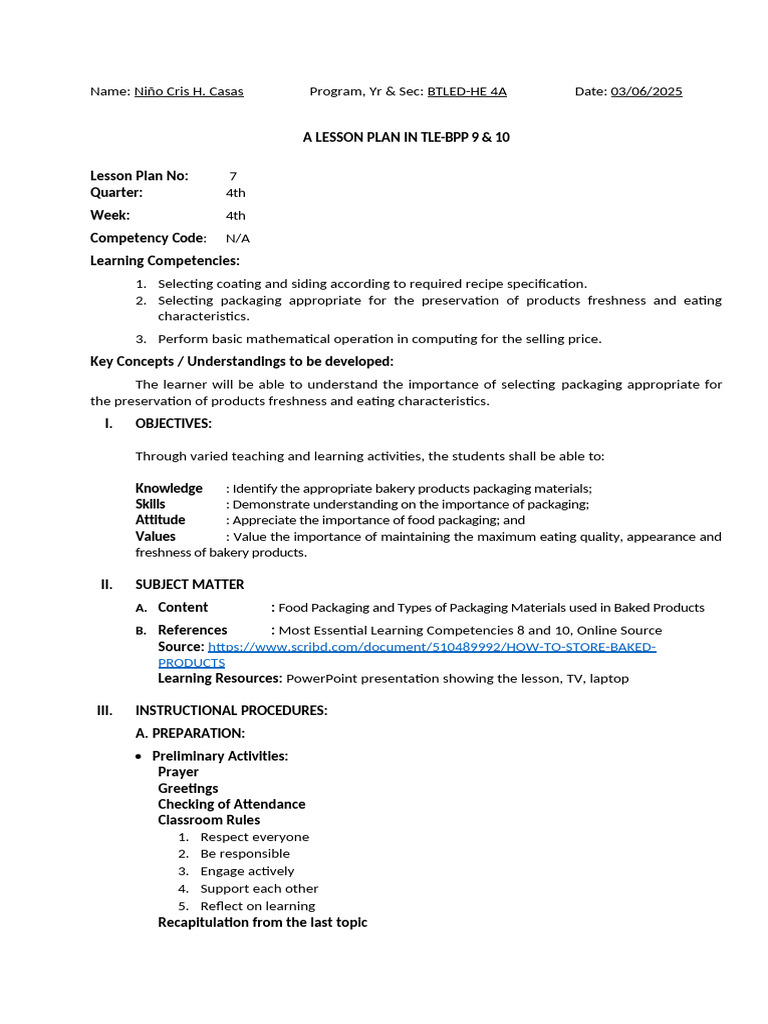 DLP No. 7 (Food Packaging and Types of Packaging Materials) | PDF | Learning | Lesson Plan