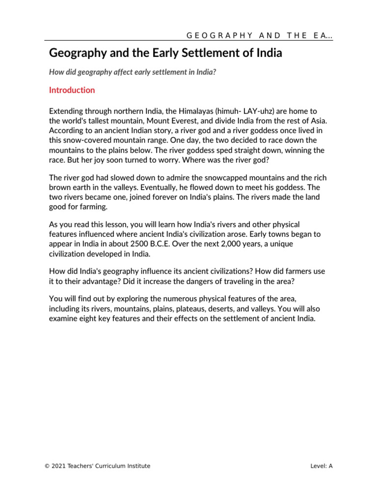 Geography and The Early Settlement of India | PDF | Himalayas | River