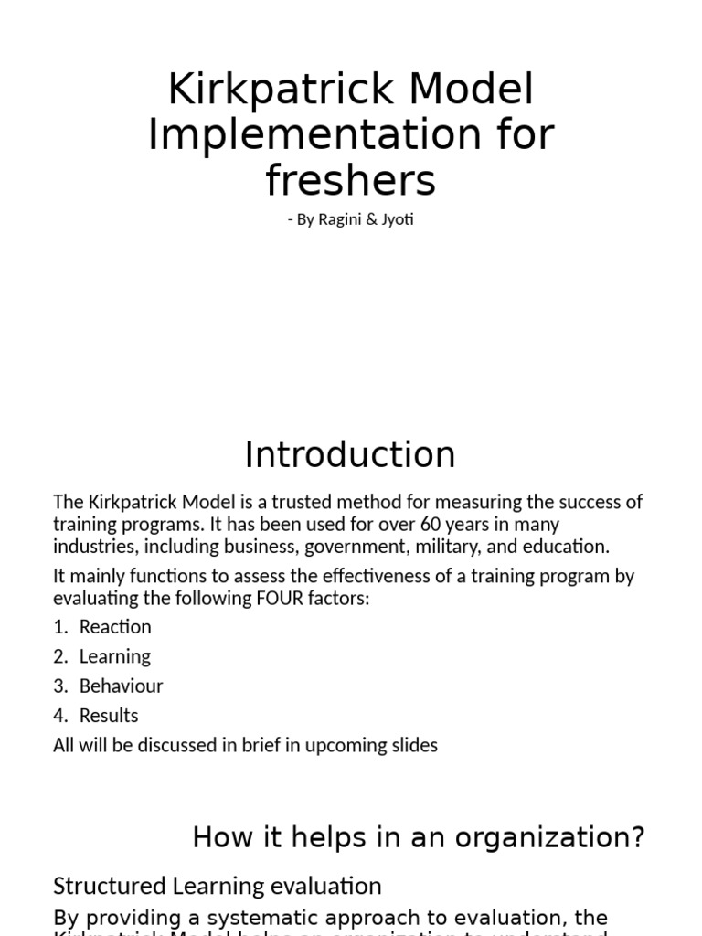 Kirkpatrick Model Implementation for Freshers | PDF | Learning | Evaluation