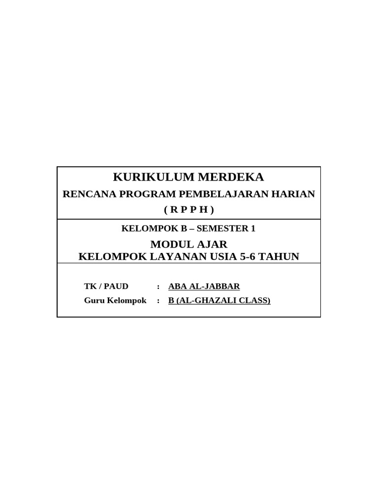 Modul Ajar RPPH TK B Kurikulum Merdeka Smt1 | PDF