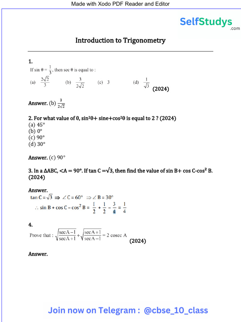 Introduction To Trigonometry 10 CLASS PYQ | PDF | Trigonometry ...