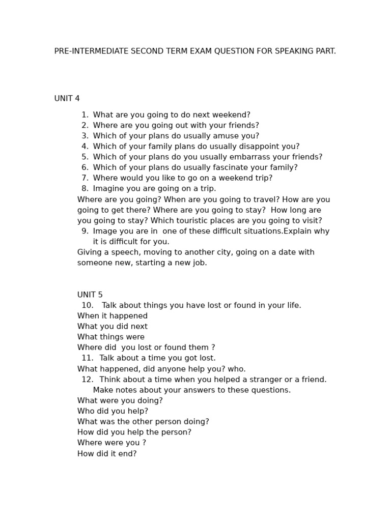 Pre-Intermediate Speaking Exam Questions | PDF