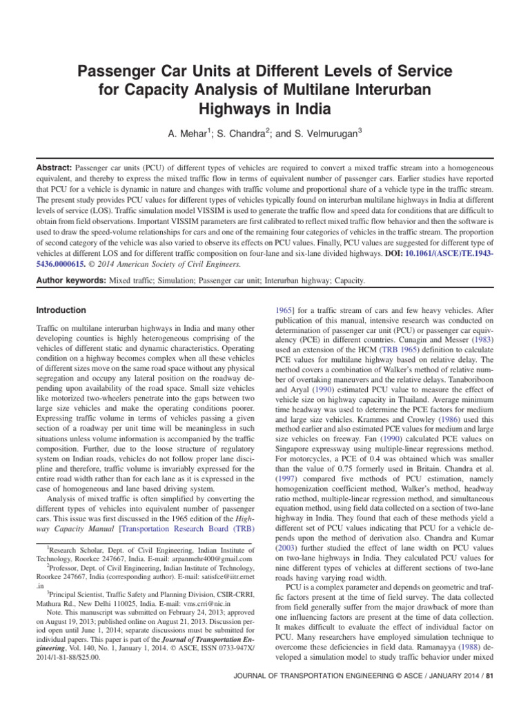 Passenger Car Units At Different Levels Pdf Traffic Highway