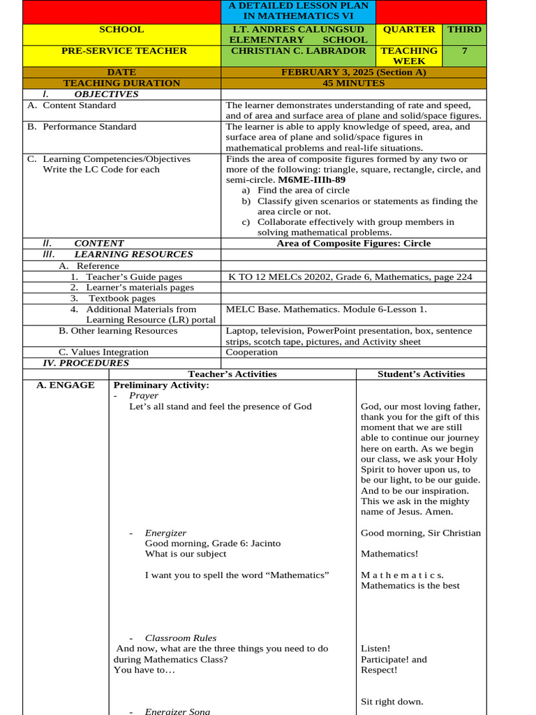 MATH_DLP_Q3-W6_DAY 5_Area of Composite Figues_Circle_SA | PDF | Learning | Area