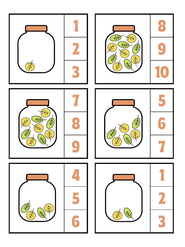Counting Leaves 1-10 Clip Cards Worksheet in Yellow Green Illustrative ...