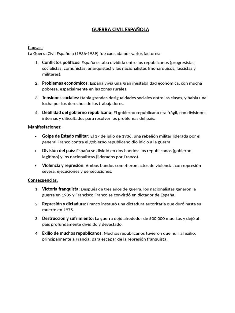 Causas y Consecuencias de la Guerra Civil Española | PDF