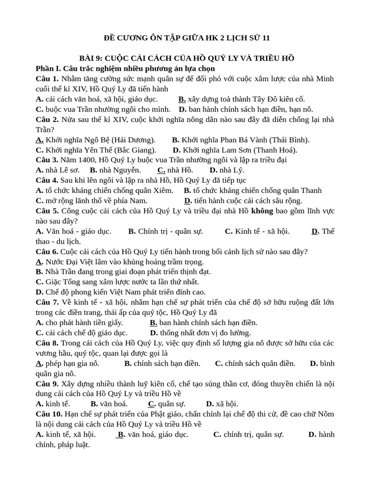 De Cuong On Tap Lich Su 11 Giua Ki 2 | PDF