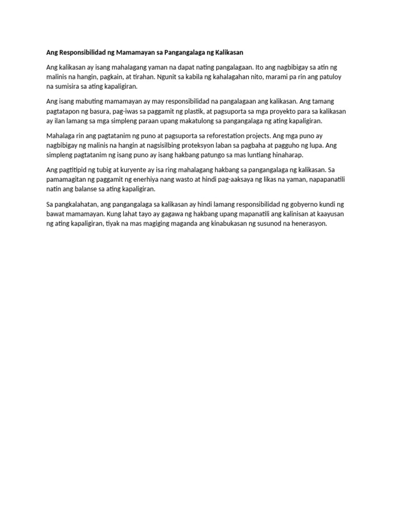 Ang Responsibilidad NG Mamamayan Sa Pangangalaga NG Kalikasan | PDF