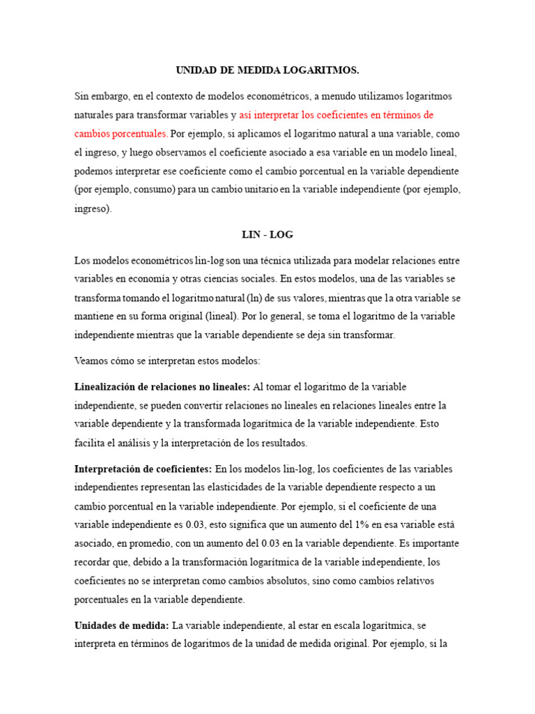 Interpretacion Lin-Lin Log-Log Lin-Log Log-Lin | PDF | Logaritmo ...