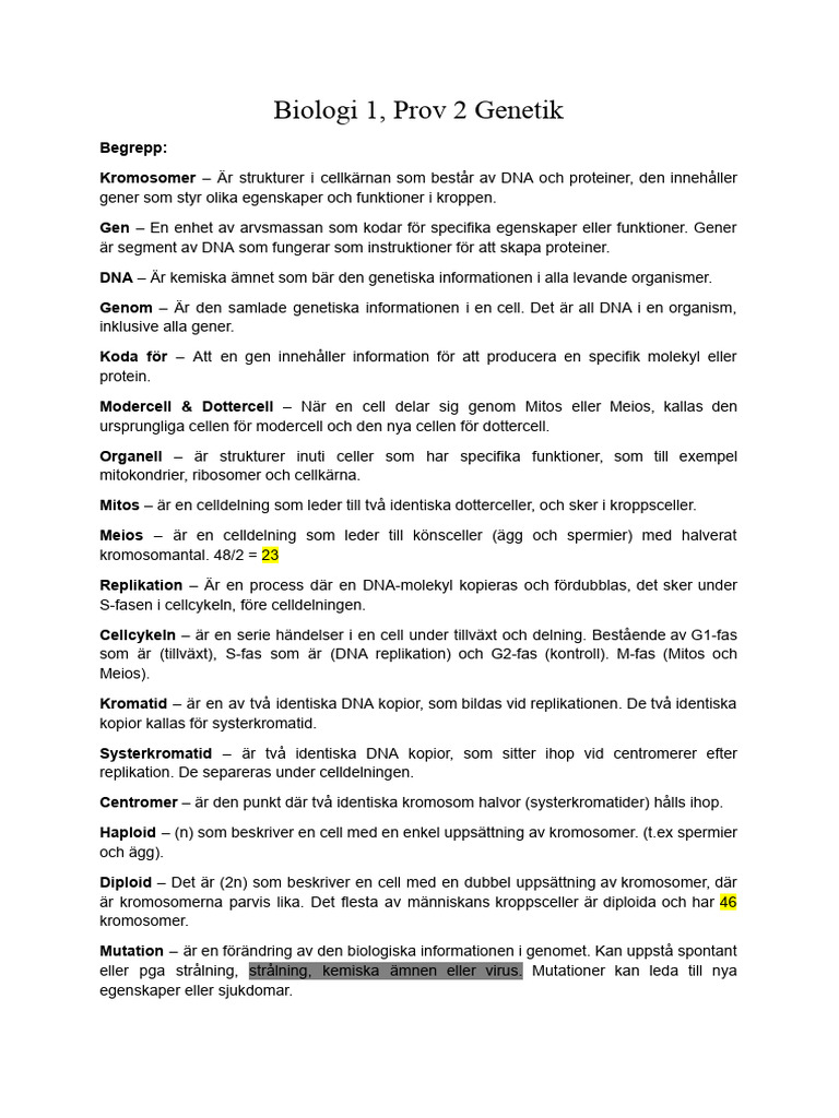 Biologi 1 - Prov Genetik | PDF