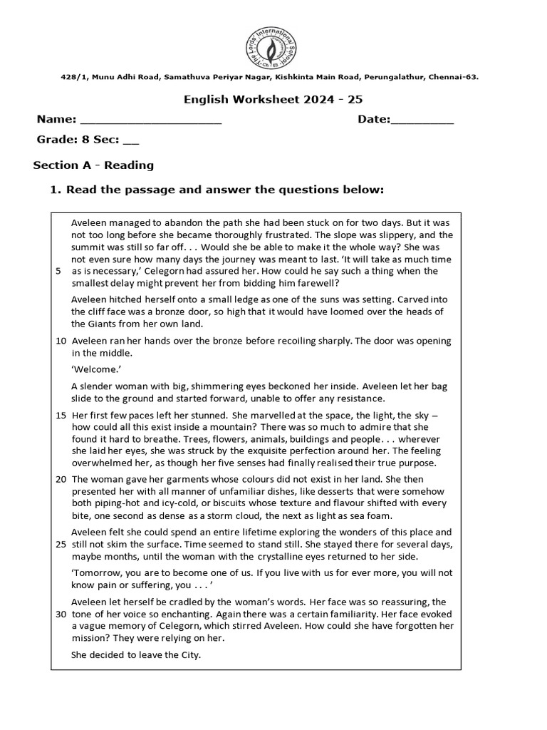 Grade 8 English Worksheet 2024-25 | PDF