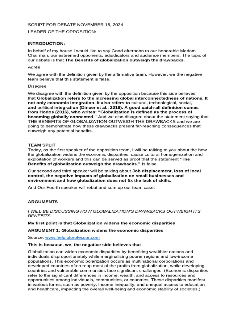 Script For Debate Nov 15 2024 | PDF | Globalization | Economic Inequality