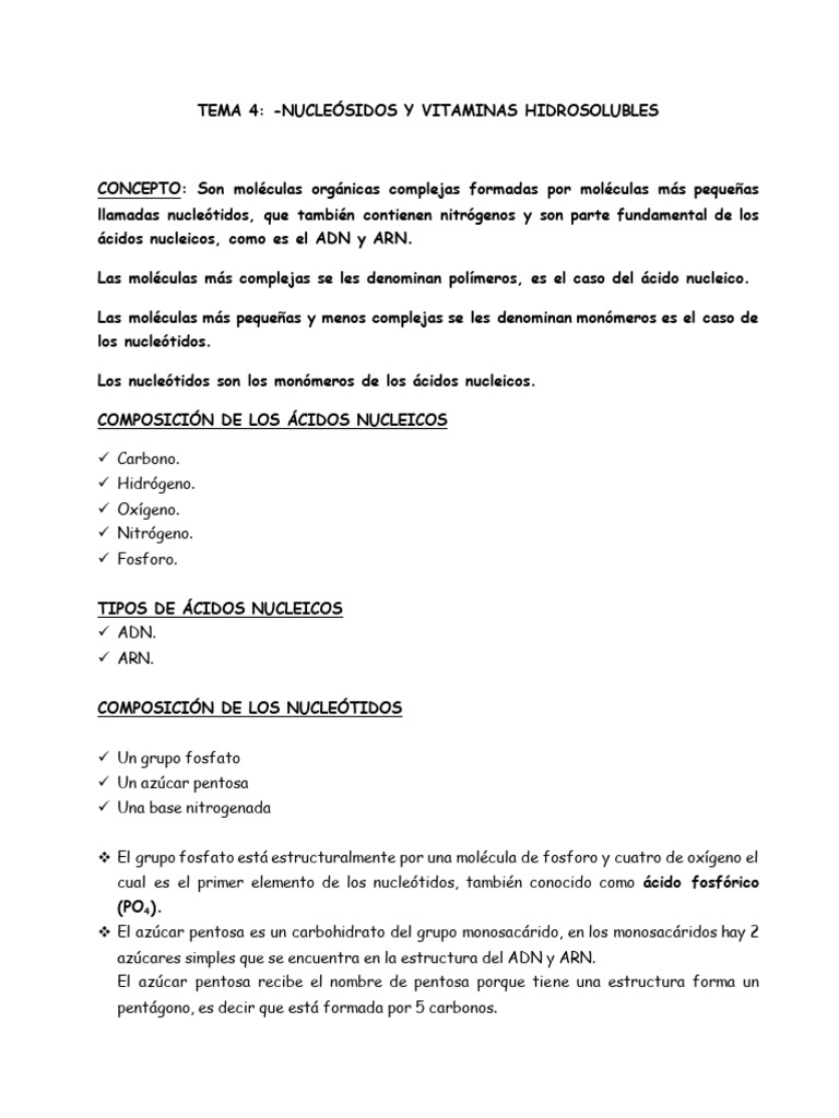 Tema 4. Nucleótidos y Vitaminas Hidrosolubles | PDF | Nucleótidos | Rna