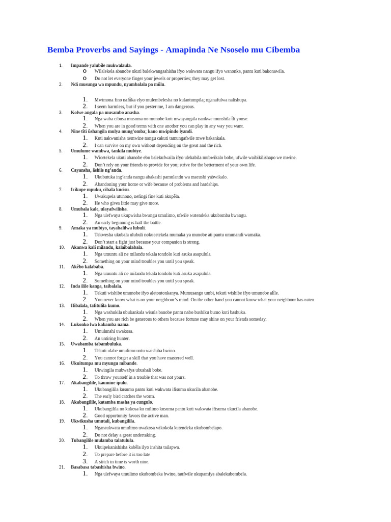 Bemba Proverbs and Sayings | PDF | Languages | Foreign Language Studies