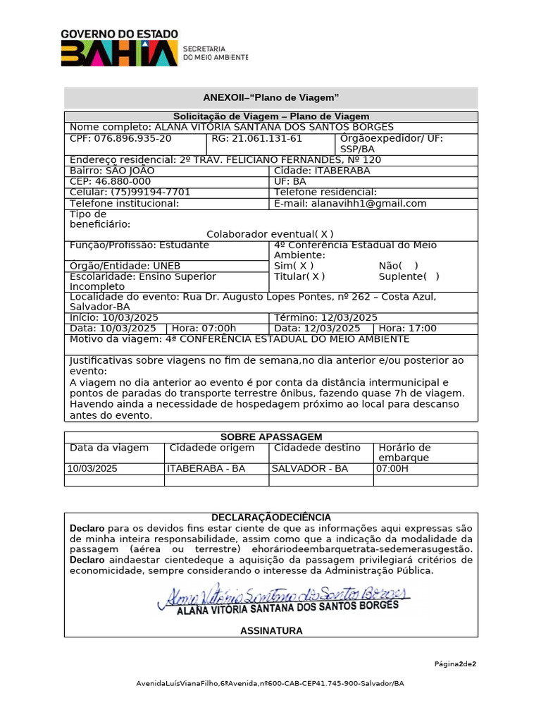 Plano de Viagem. Anexo 2 ALANA | PDF