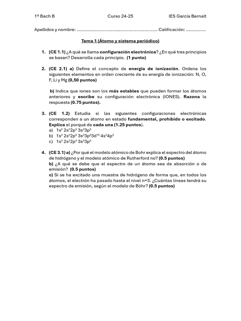 1CTB Examen UD1-2 | PDF | Espectro de emisión | Enlace químico