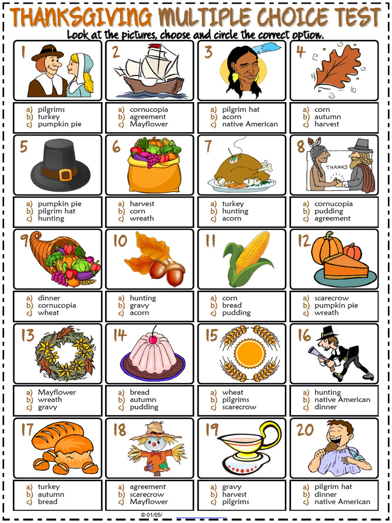 Thanksgiving Vocabulary Esl Multiple Choice Test For Kids | PDF ...