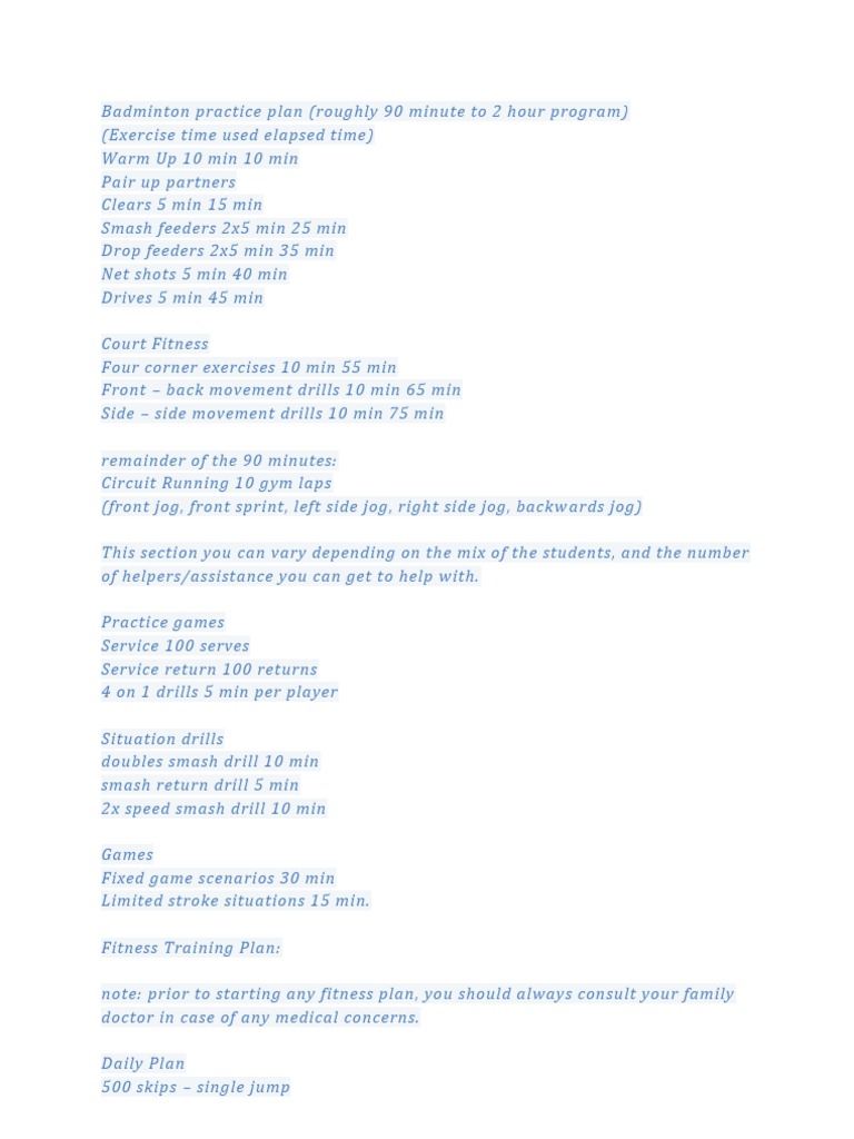 Badminton Training Plan and Workout Guide | PDF | Cooking, Food & Wine