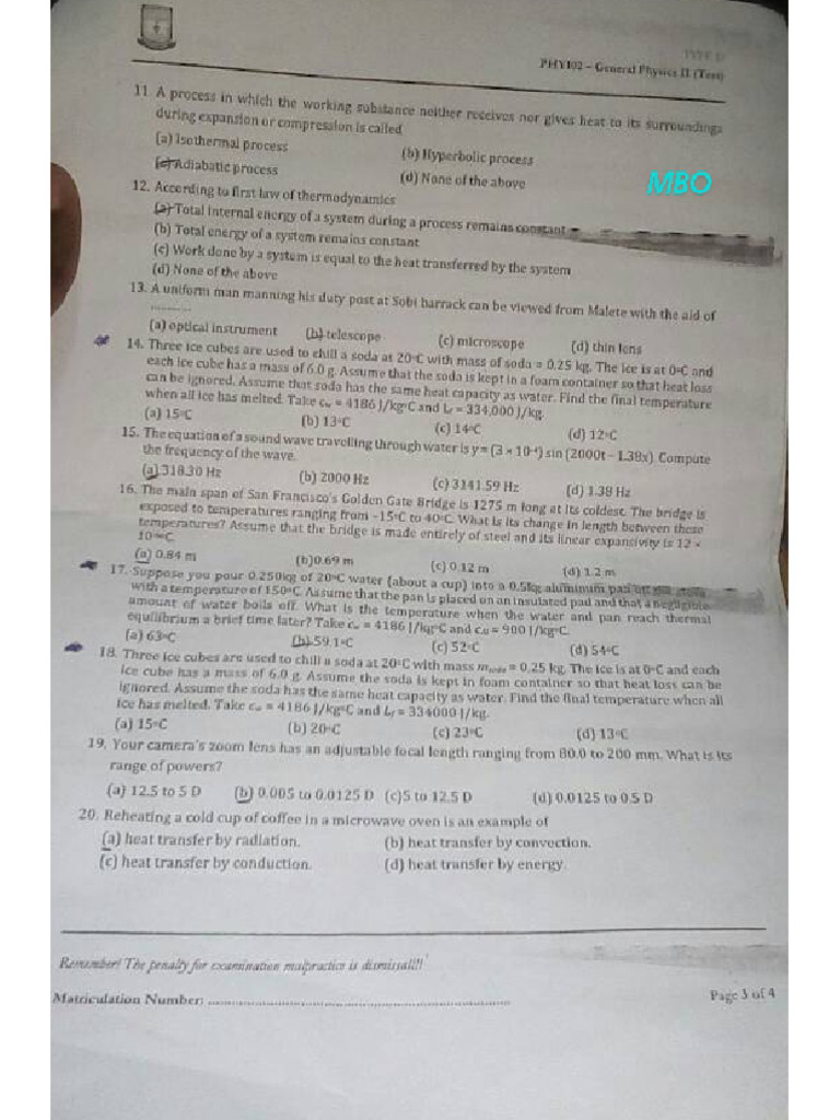 Phy102 Past Question - MBO | PDF