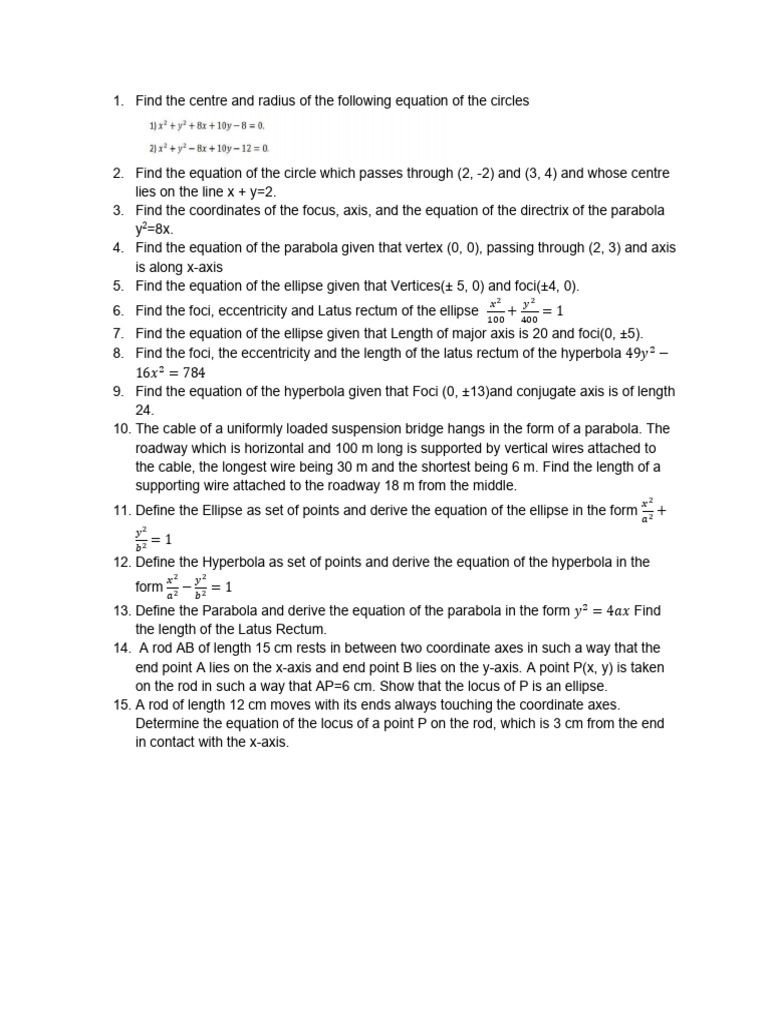 Circle, Parabola, Ellipse, Hyperbola Equations | PDF