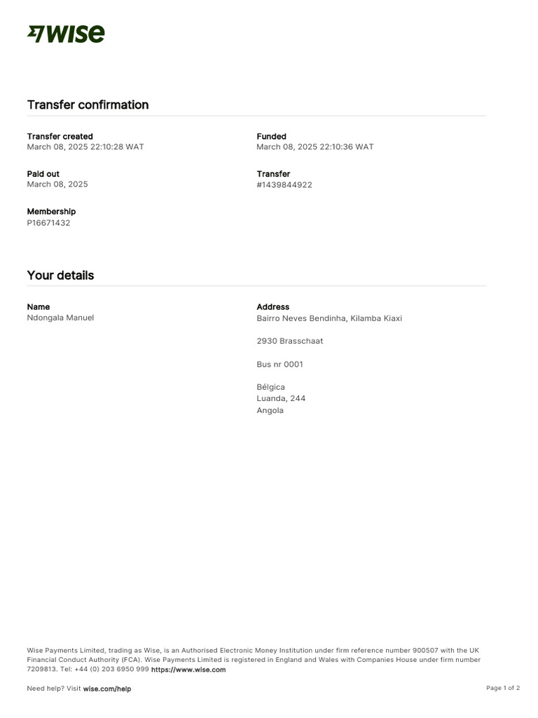 Wise Transaction Invoice Transfer 1439844922 4953585964 PT | PDF ...