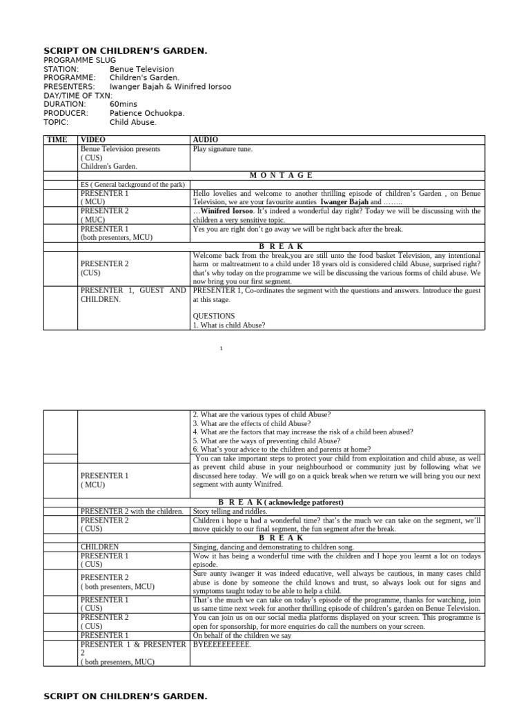 Script On Childrens Garden | PDF | Child Abuse