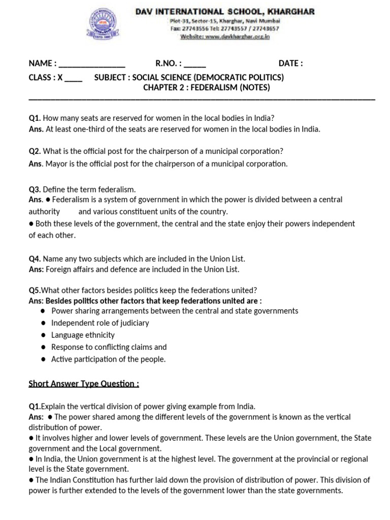 Chapter - 2 Federalism Class X (DP) Notes | PDF | Government Of India ...