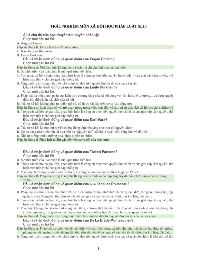 (Bài 123) Đáp Án Trắc Nghiệm Môn SL13 - Xã Hội Học Pháp Luật | PDF