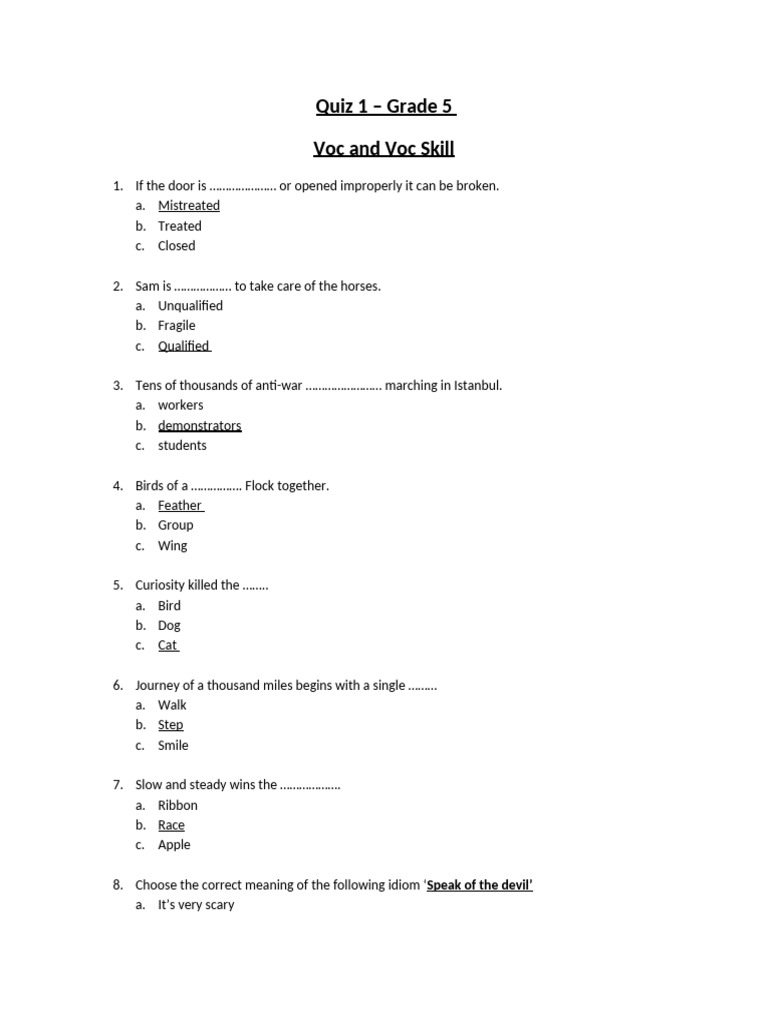 Grade 5 Vocabulary Quiz | PDF