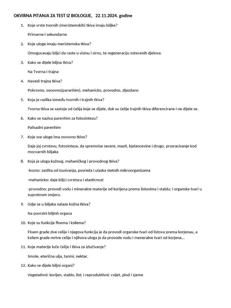 Okvirna Pitanja Za Test Iz Biologije | PDF