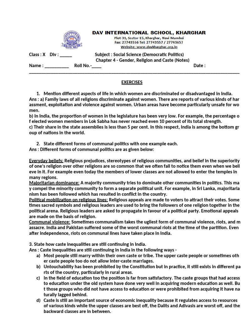 Notes-Class X Democratic Politics Chapter 4 - Gender, Religion and ...