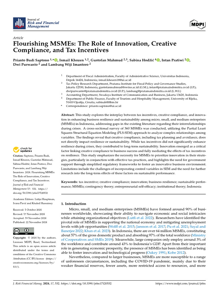 Flourishing MSMEs: The Role of Innovation, Creative Compliance, and Tax ...