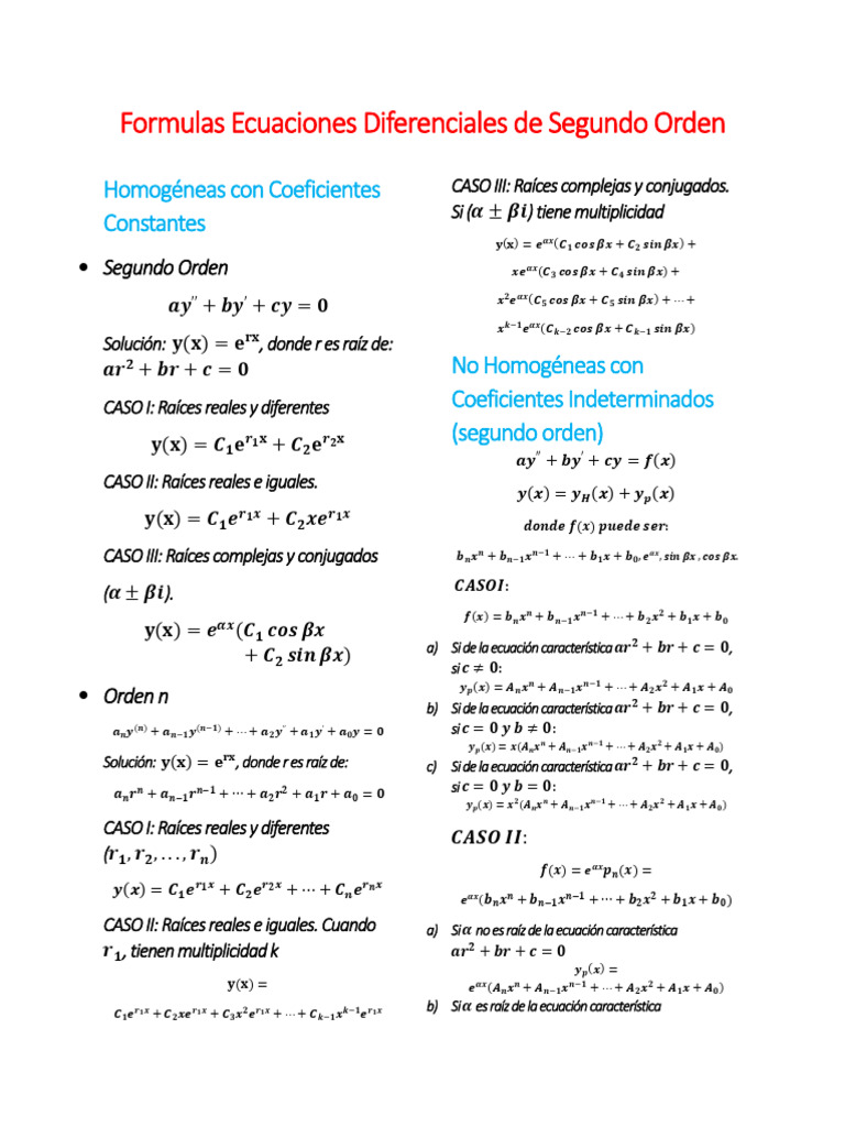 Formulas Ecuaciones Diferenciales de Segundo Orden | PDF | Sustracción | Cálculo