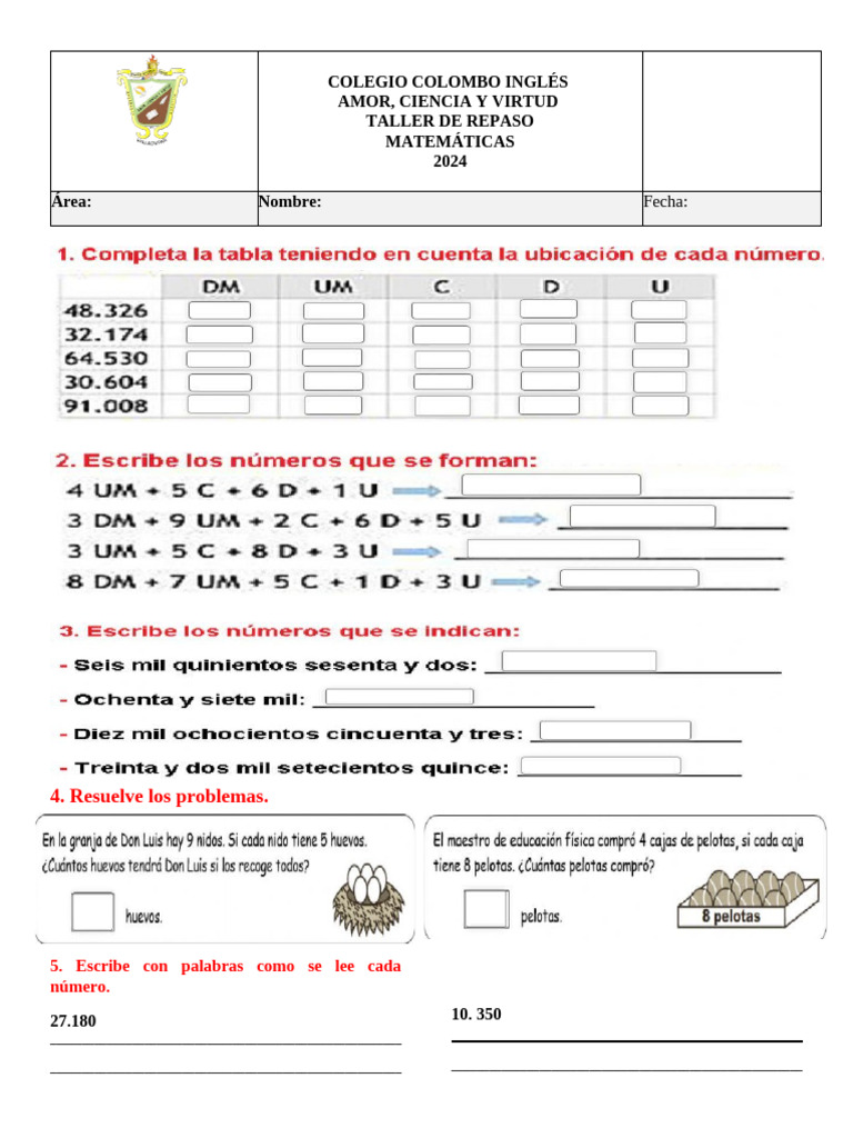 Taller de Repaso de Matemáticas 2024 | PDF