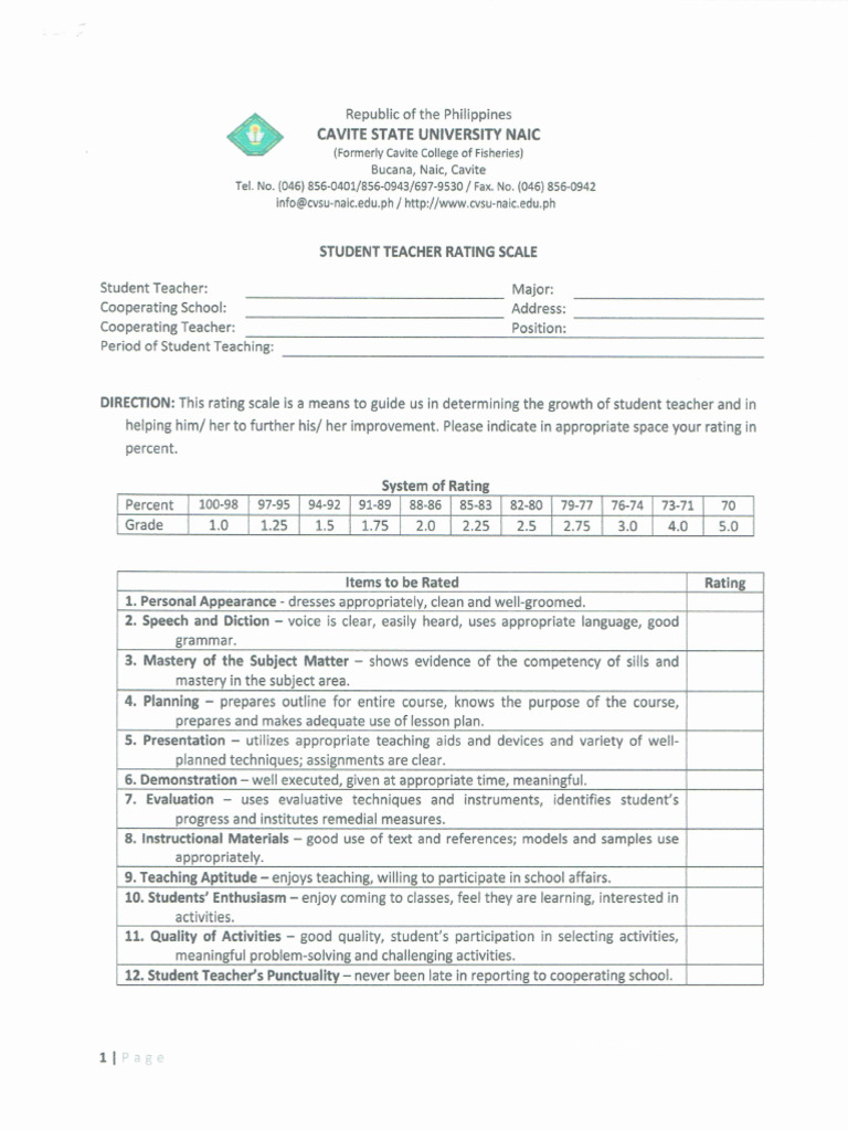 Student Teacher Rating Scale | PDF