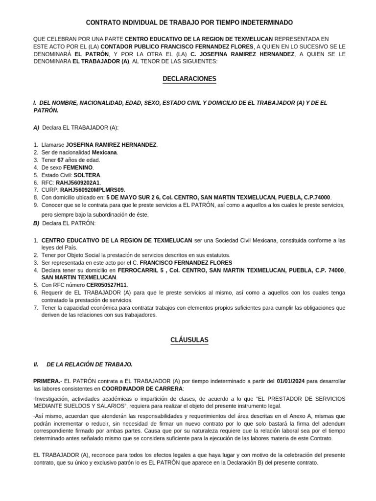 Contrato Individual de Trabajo Por Tiempo Indeterminado Josefina | PDF | Salario | Sociedad de ...