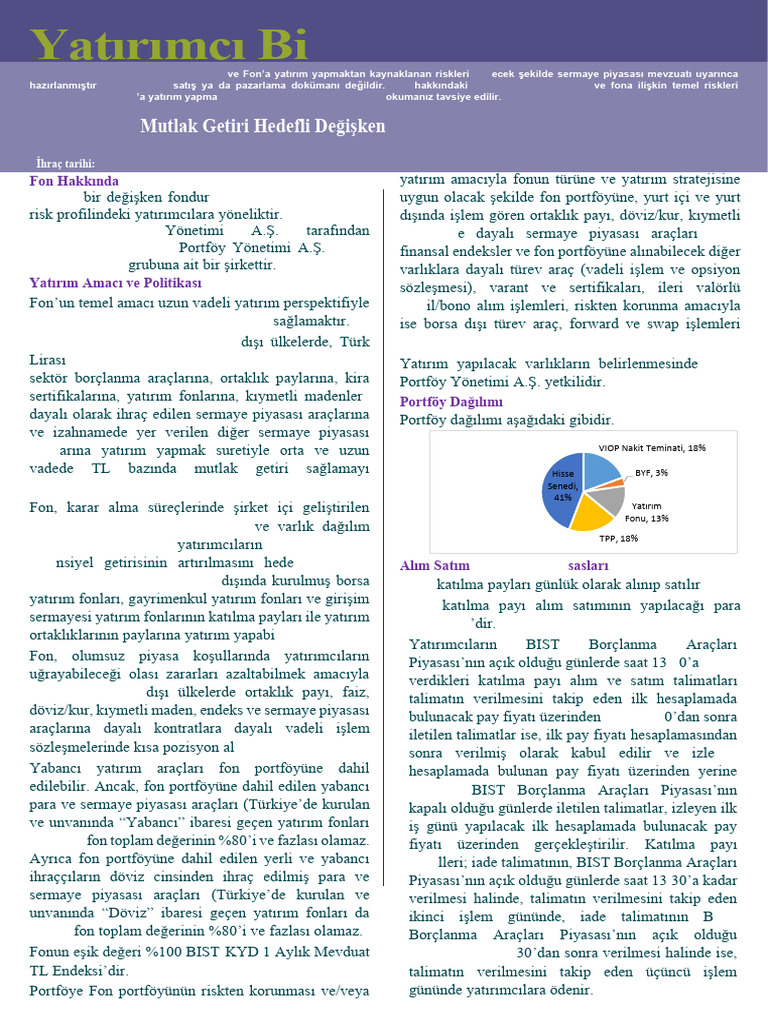 Trive Portföy Mutlak Getiri Hedefli de I Ken Fon YBF SPK Onayl | PDF