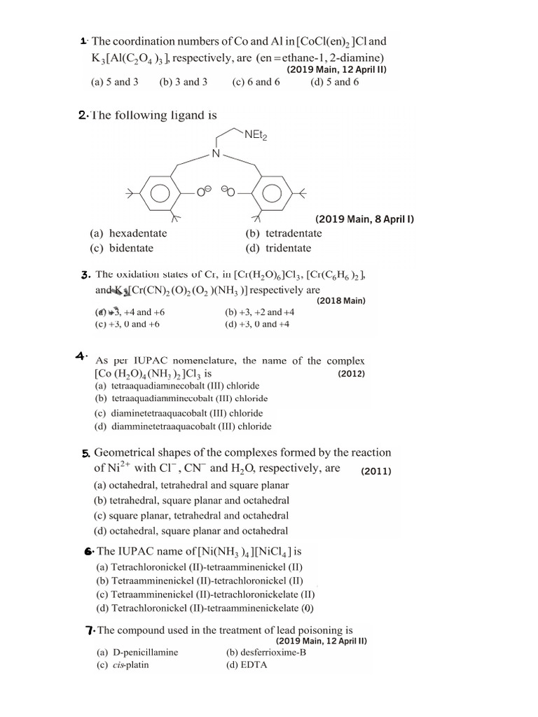COORDINATION COMPOUNDS CHEM WORKSHEET-1 | PDF