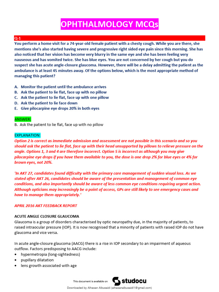 passmedicine-mcqs-ophthalmology | PDF | Headache | Glaucoma