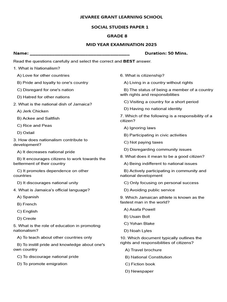 Social Studies Mid Year Exam Paper 1 2025-2 | PDF | Communication ...