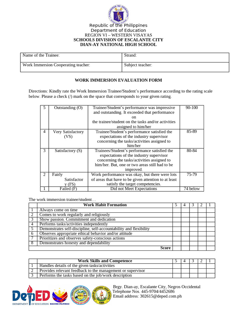 Work Immersion Evaluation Form | PDF | Psychology | Social Psychology