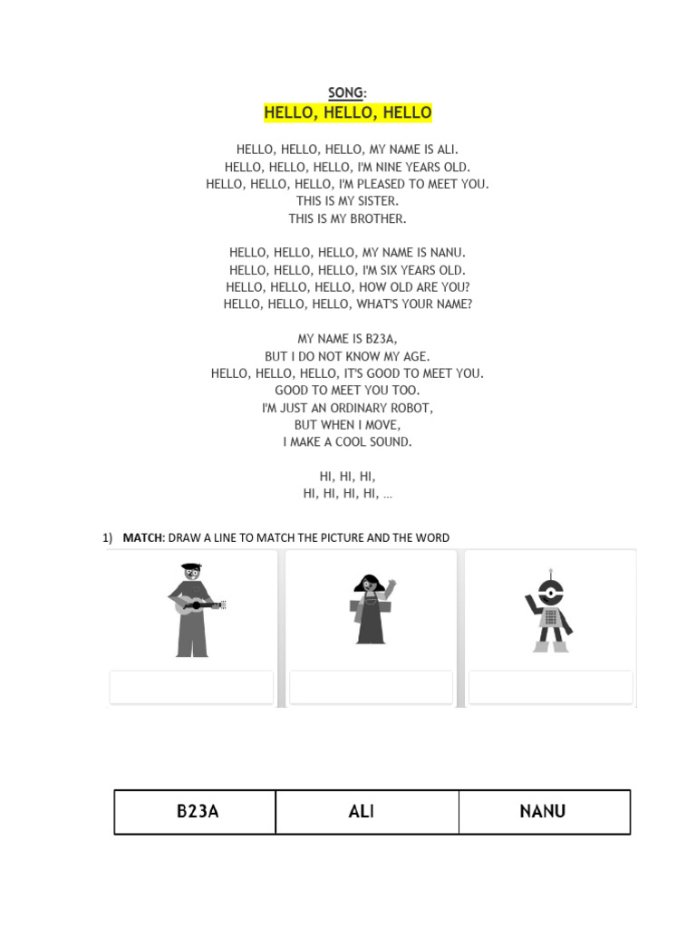 1ST GRADE 1ST CLASS - HELLO HELLO SONG | PDF