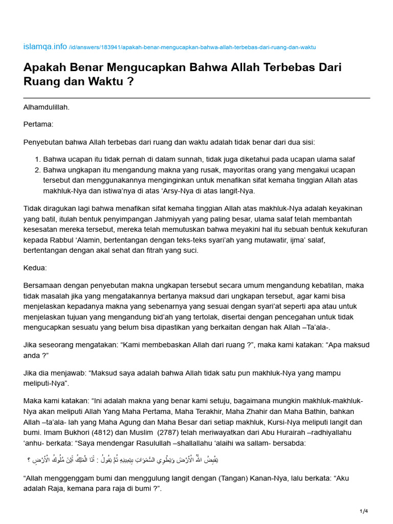 Islamqa - Info-Apakah Benar Mengucapkan Bahwa Allah Terbebas Dari Ruang ...